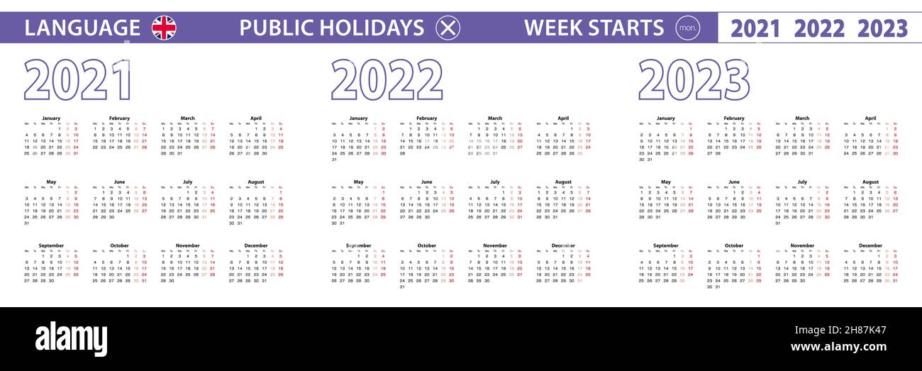 Simple calendar template in English for 2021, 2022, 2023 years. Week ...