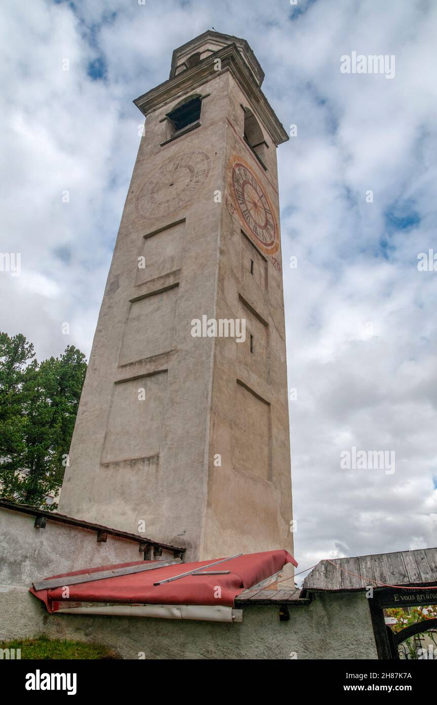 Leaning tower of the Mauritius church, St. Moritz, Upper Engadin ...