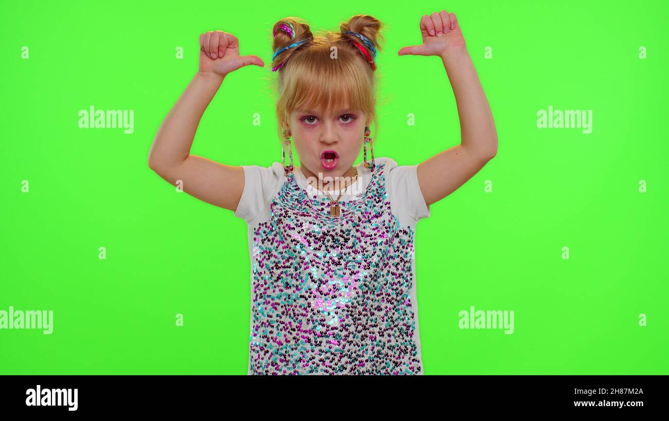 Happy funky blogger child kid girl, recording funny dancing video on ...