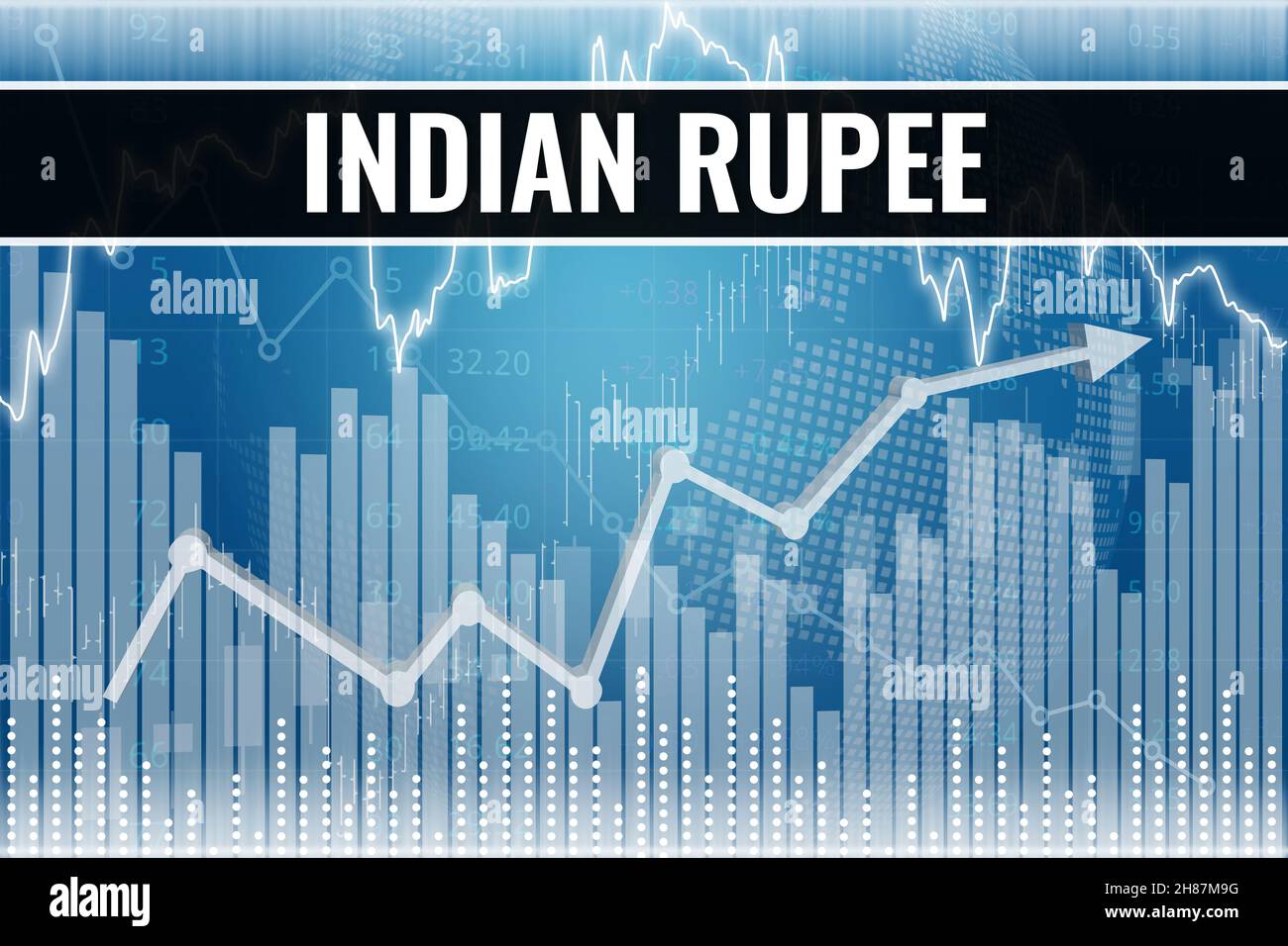Words Indian Rupee on blue finance background from graphs, charts ...