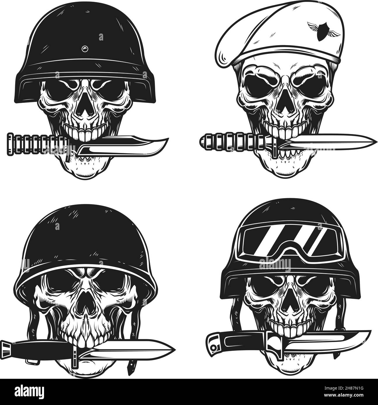 Set of Illustrations of skull in military helmet with knife in teeth in ...