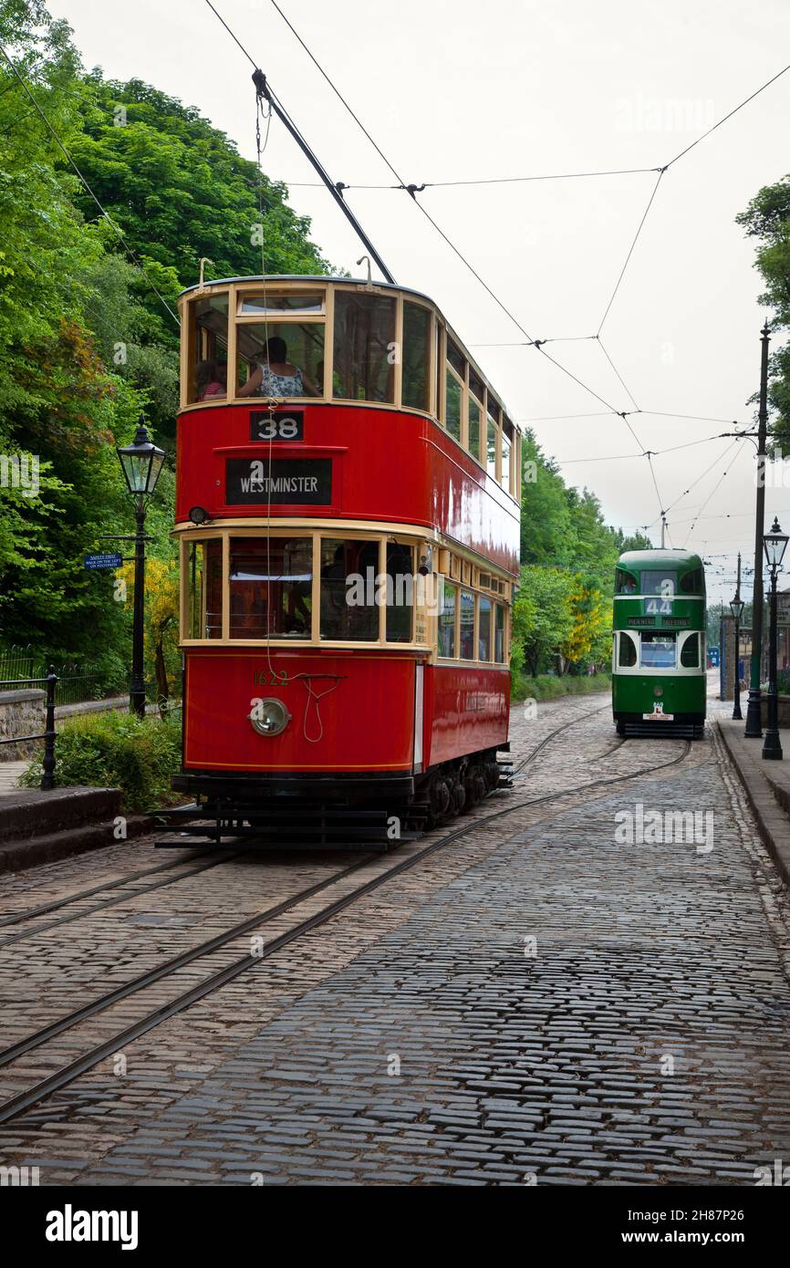 Vintage British Trams at he National Tramway village located at Crich ...