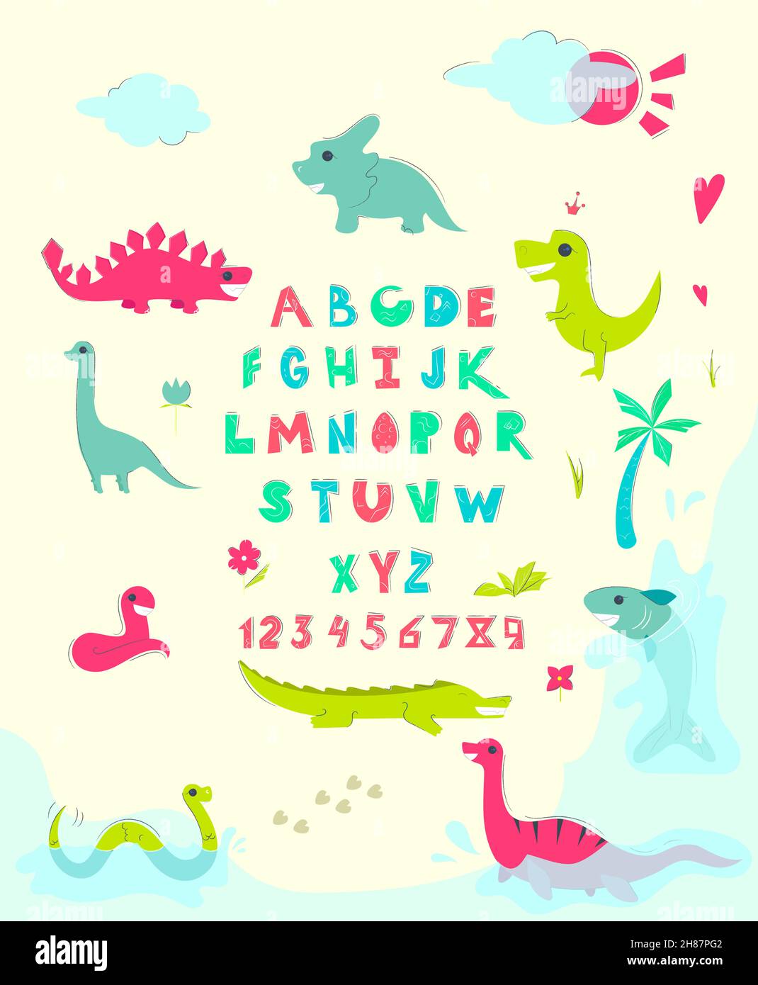 Funny english alphabet with cute dinosaurs. Educational poster for ...