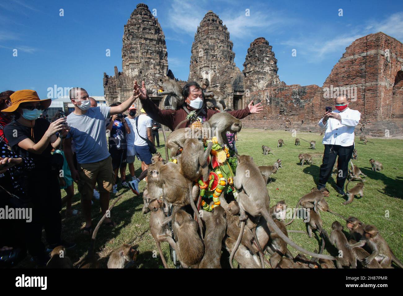 Monkeys are seen eating fruits and vegetables during the 33rd annual ...