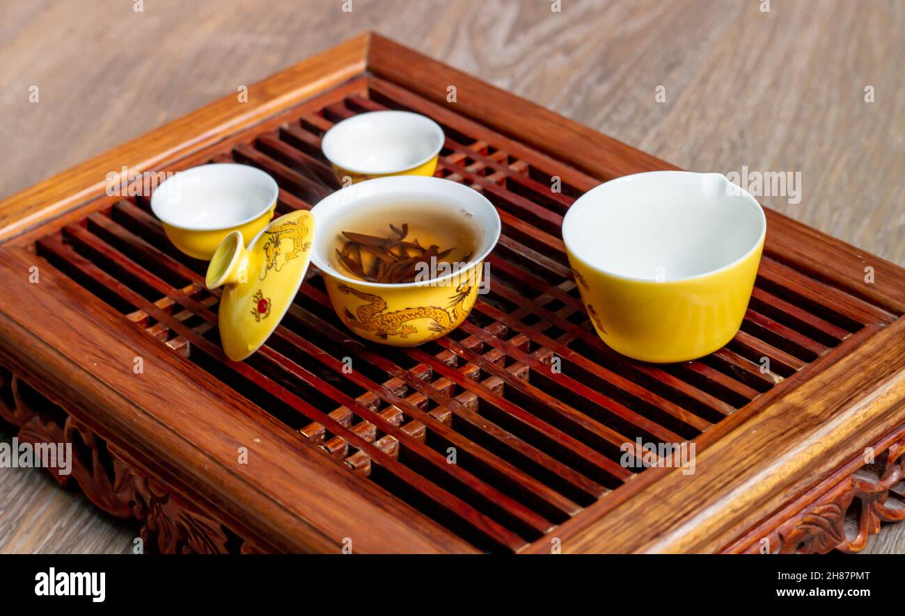 Top view tea set wooden table for tea ceremony Stock Photo - Alamy