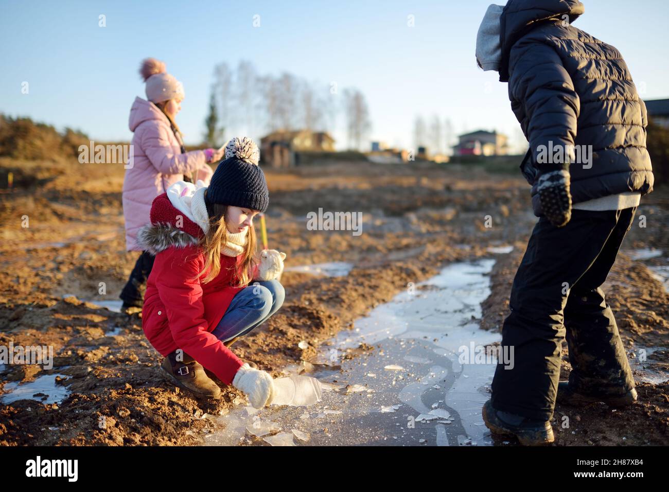 Group of children playing with thin ice puddles formed on the frozen ...