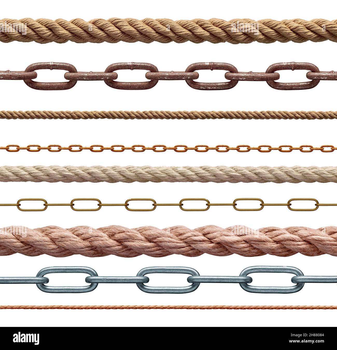 collection of various rope and chain on white background. each one is ...