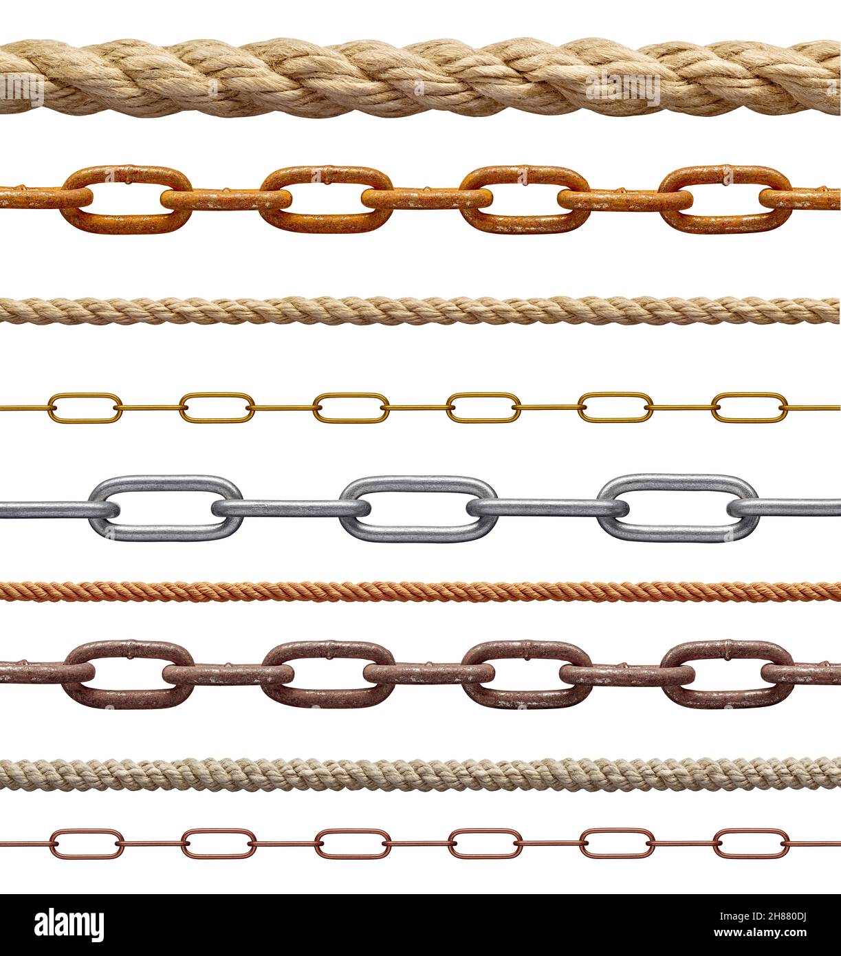 collection of various rope and chain on white background. each one is ...
