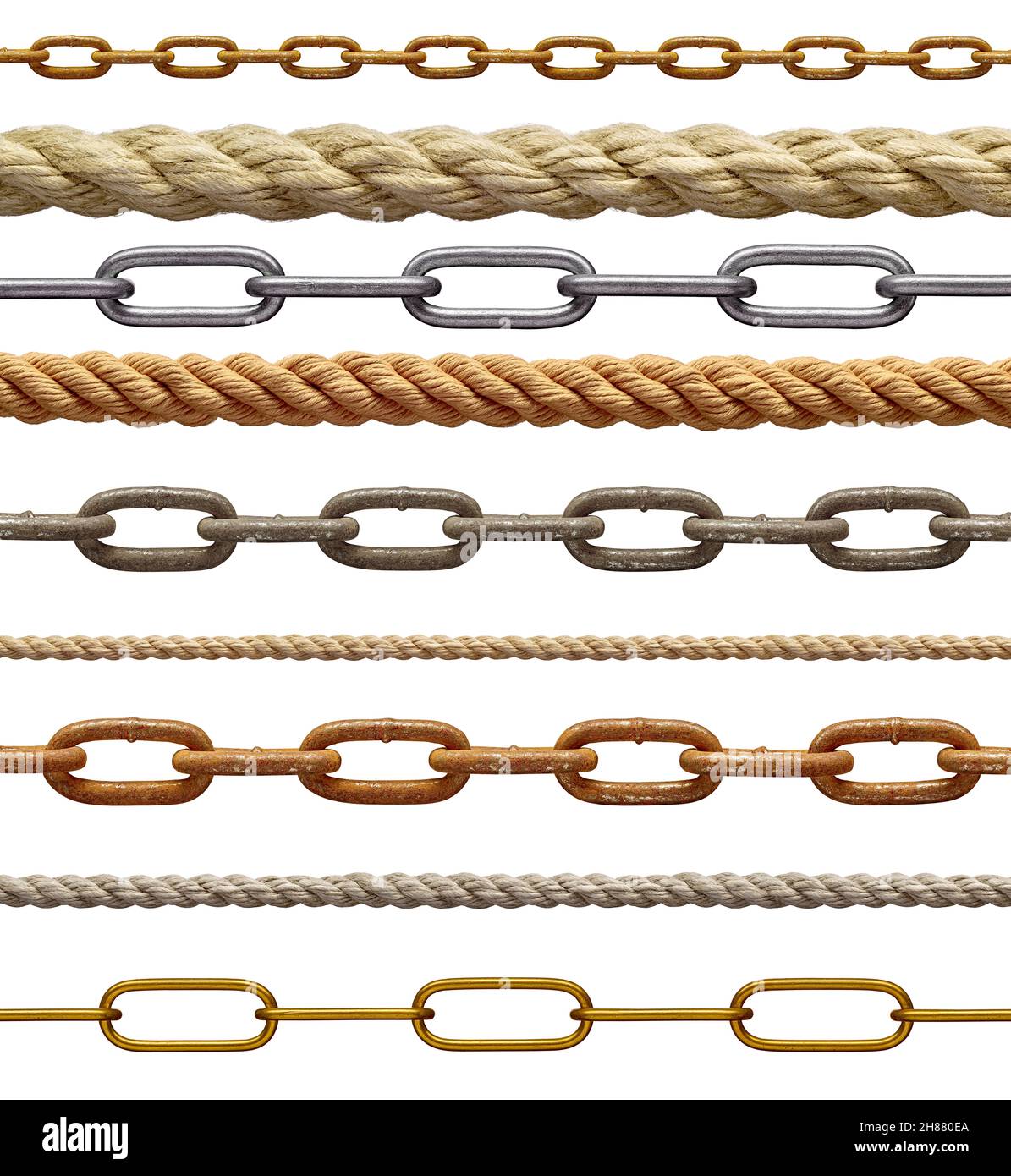 collection of various rope and chain on white background. each one is ...