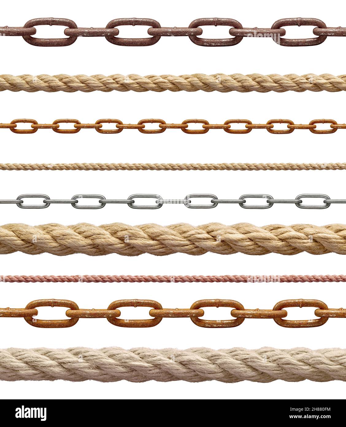 collection of various rope and chain on white background. each one is ...