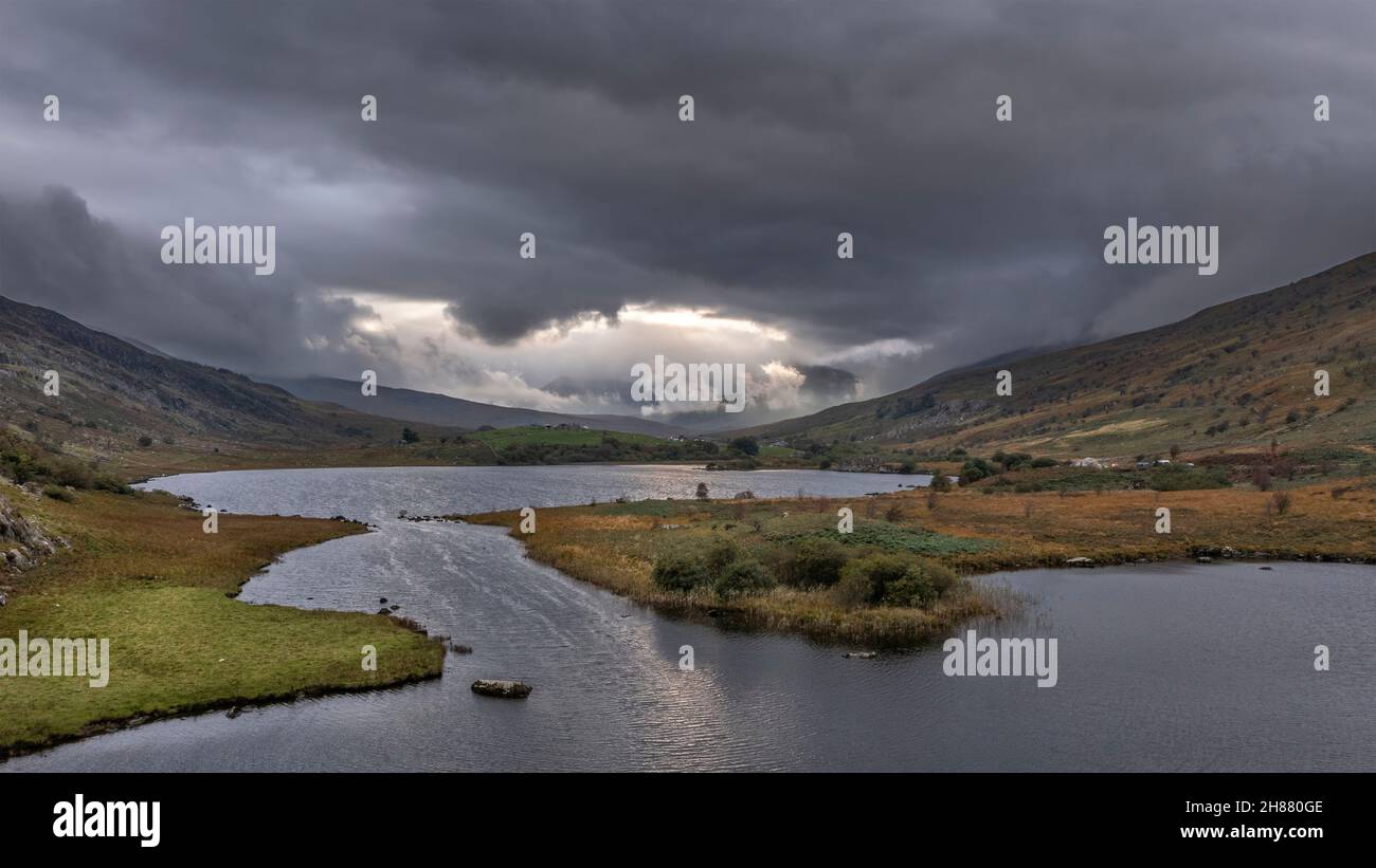 Epic aerial flying drone landscape image of Snowdon Massif viewed from ...