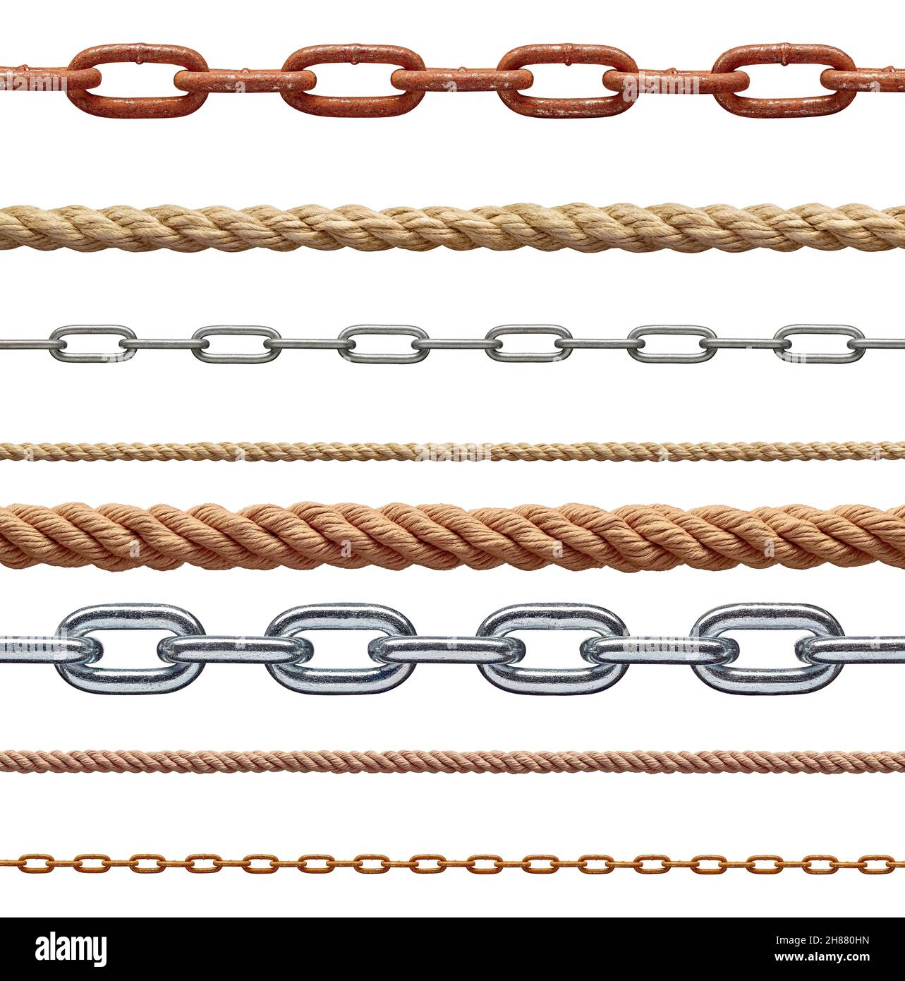 collection of various rope and chain on white background. each one is ...