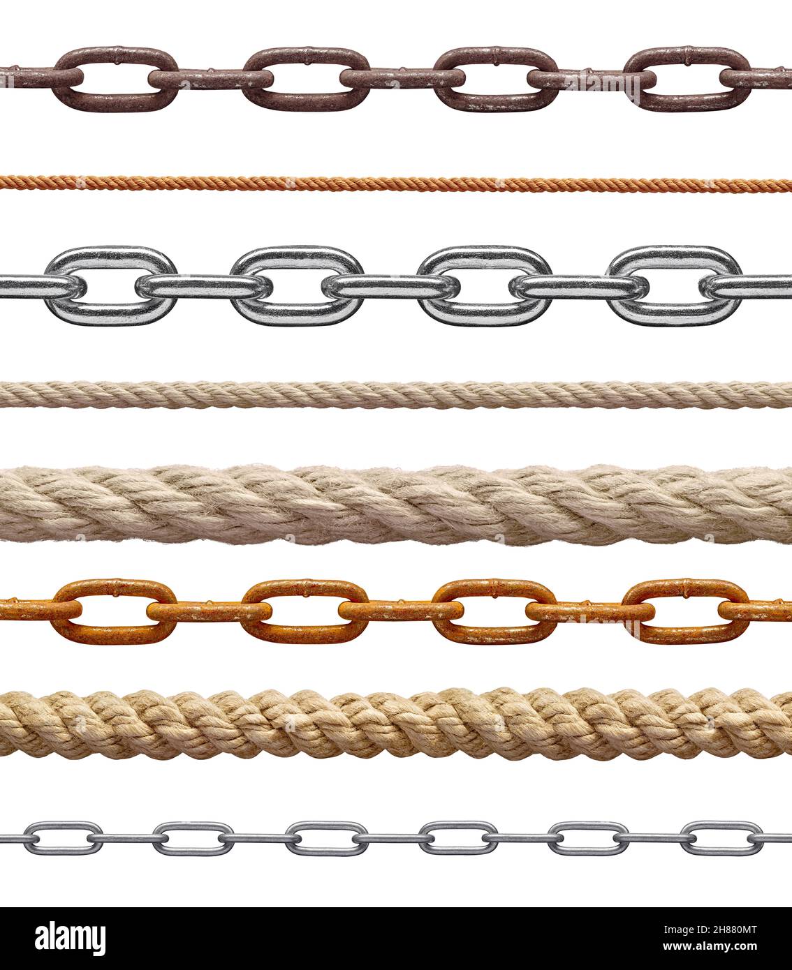 collection of various rope and chain on white background. each one is ...