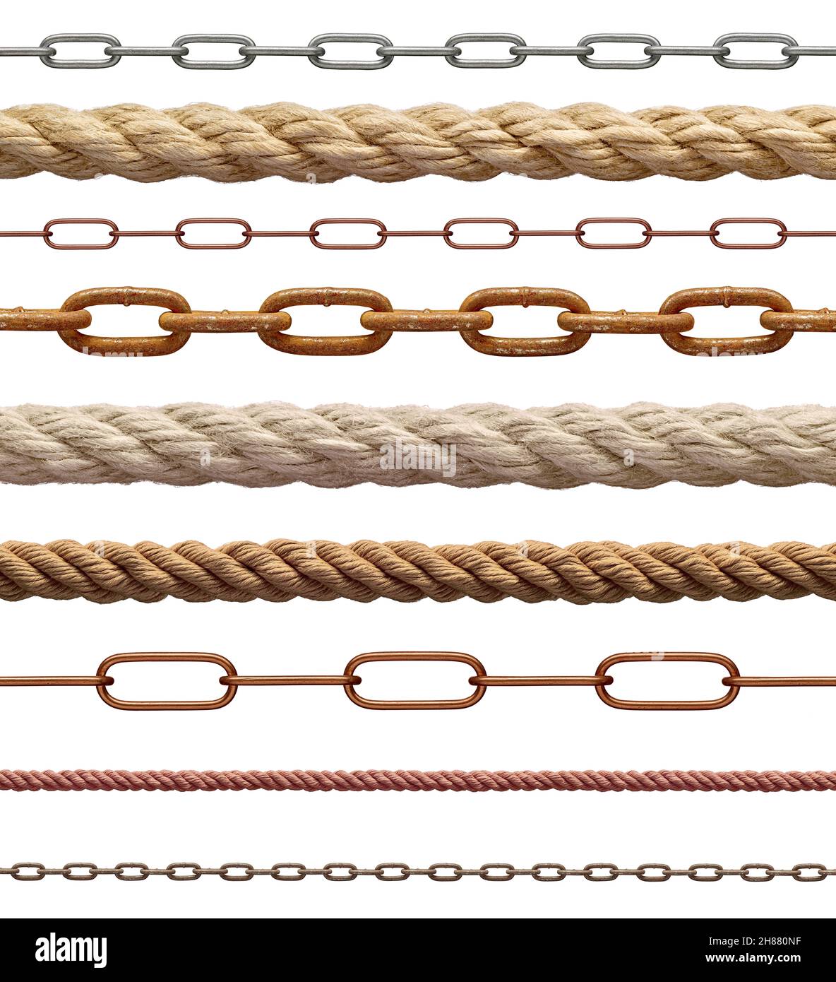 collection of various rope and chain on white background. each one is ...