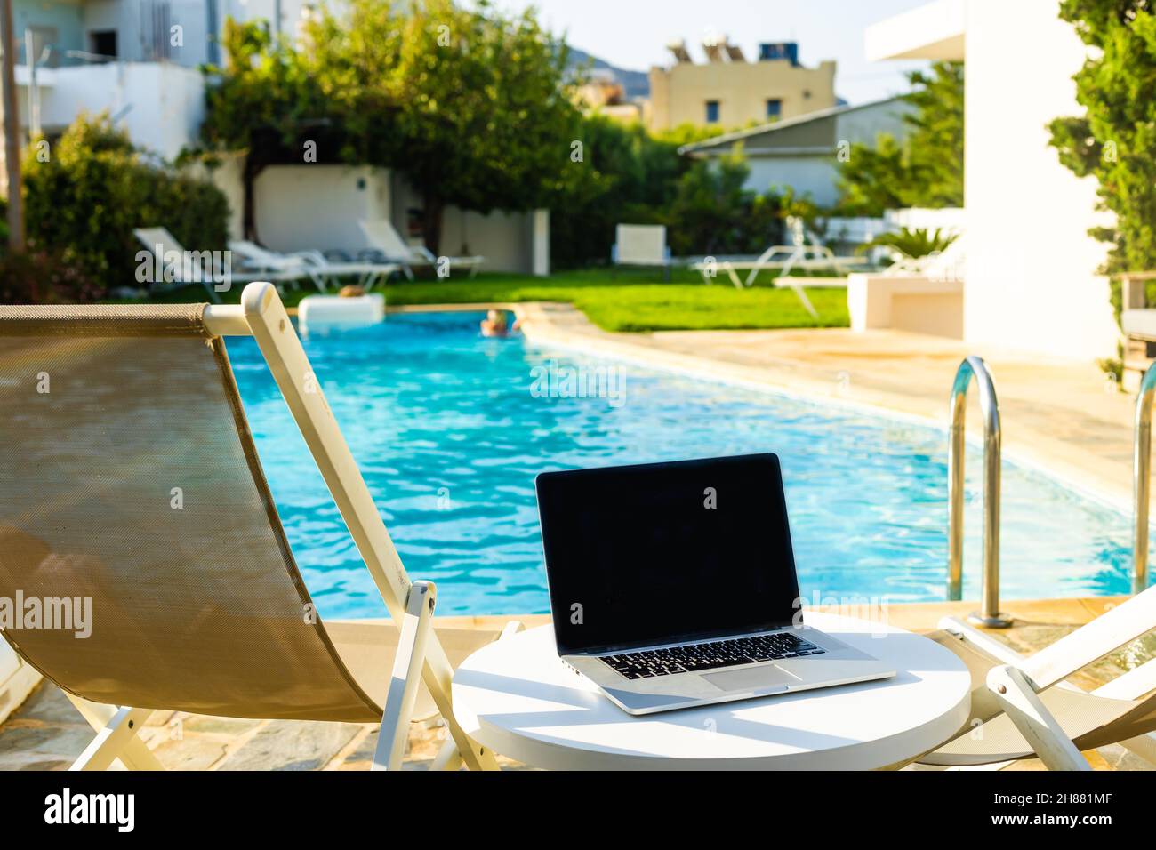 computer on table background as a pool Stock Photo - Alamy