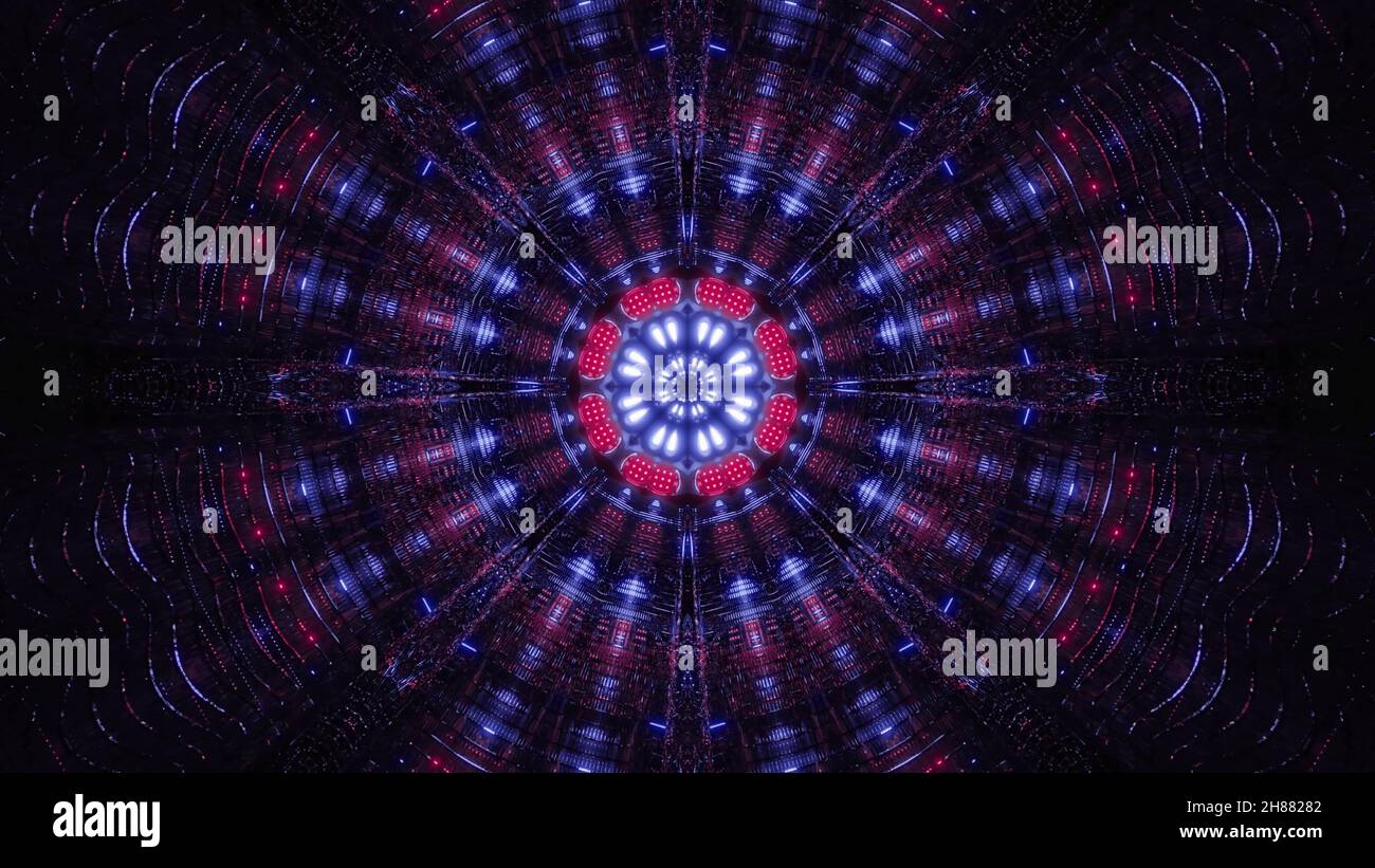 3d illustration with bright glowing lights forming round symmetric ...