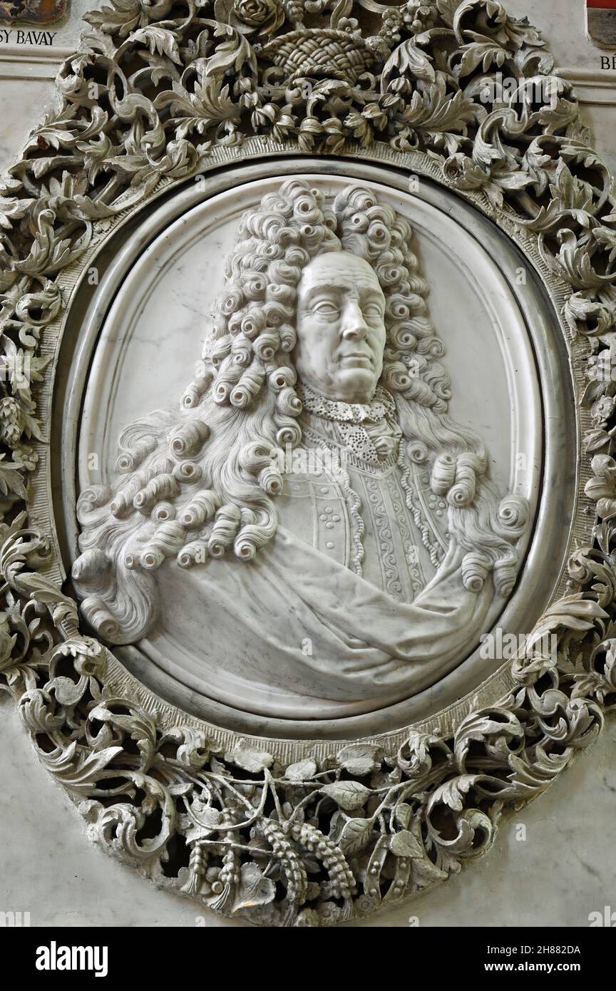 Baroque relief of a high-ranking personality with an opulent curly wig ...