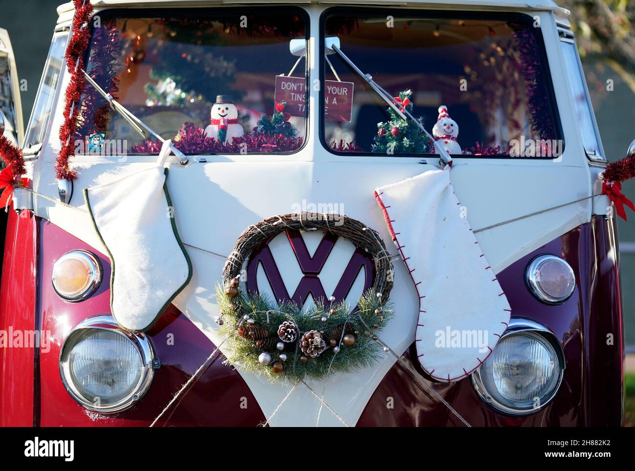 Christmas decorations on a VW Camper van during the New Forest VW Santa ...