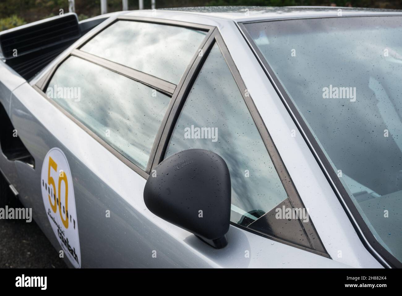 Close up detail of on a silver grey Lamborghini Countach LP400 classic ...
