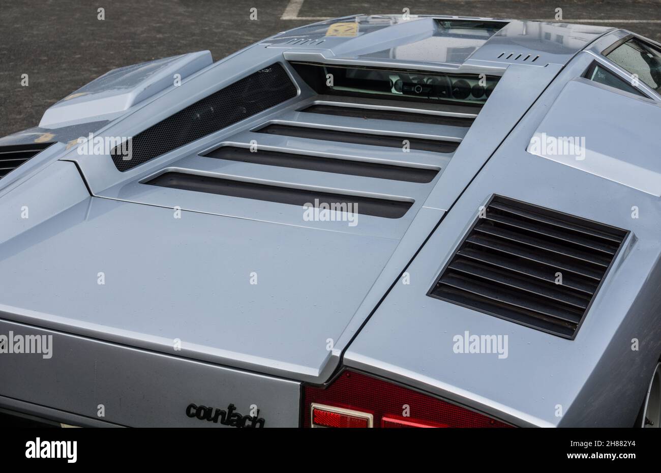 Close up detail of on a silver grey Lamborghini Countach LP400 classic ...