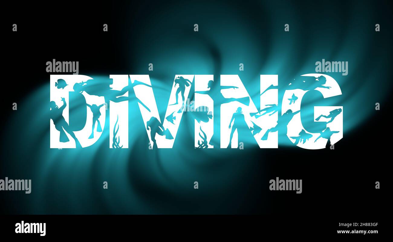 Diving word with silhouettes of diver. The concept of sport diving. 3D ...