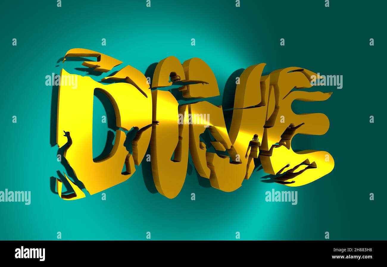 Dive word with silhouettes of diver. The concept of sport diving. 3D ...
