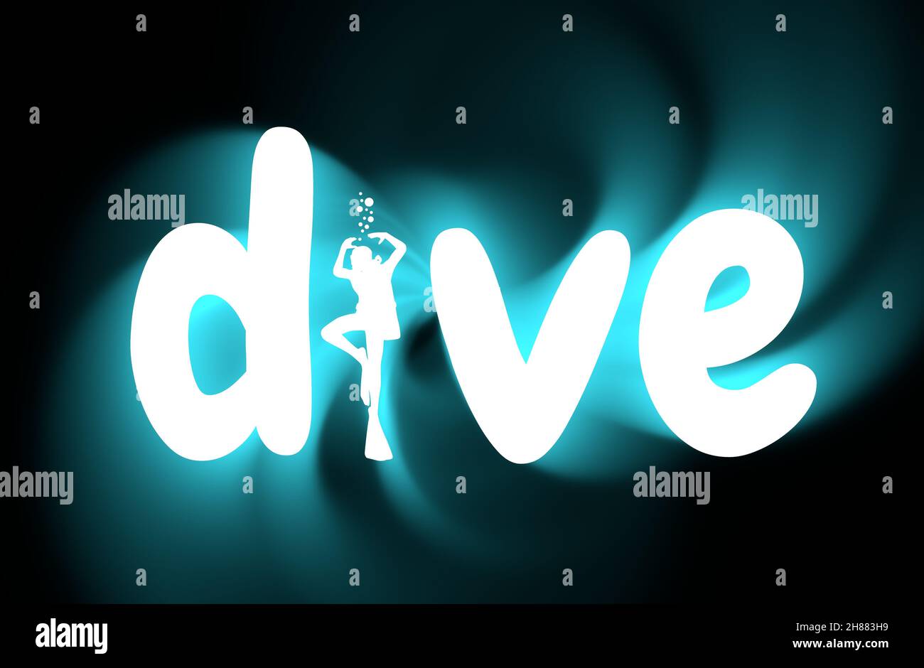 Dive word with silhouette of diver. The concept of sport diving. 3D ...