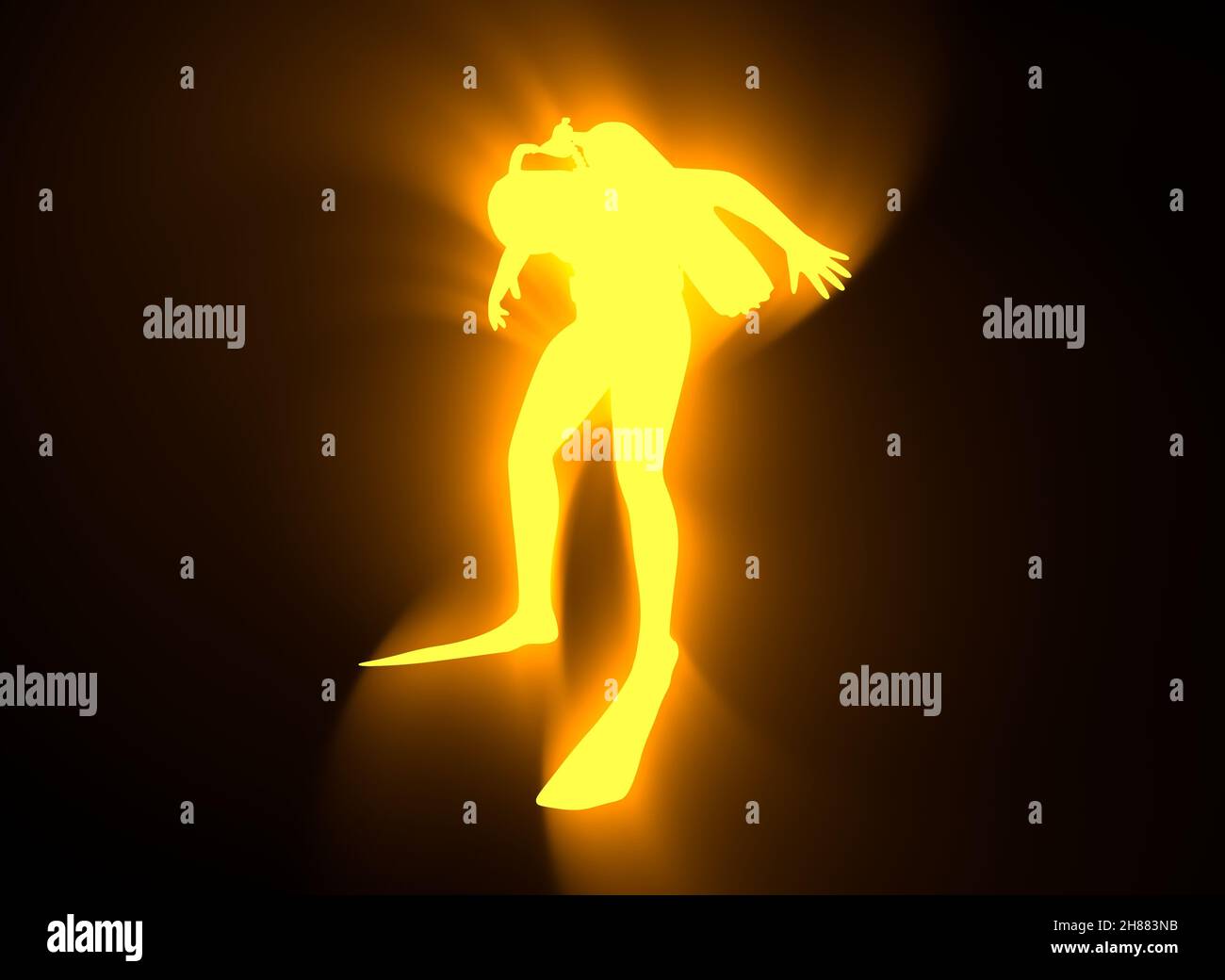 Silhouette of diver. Icon diver. The concept of sport diving. Neon bulb ...