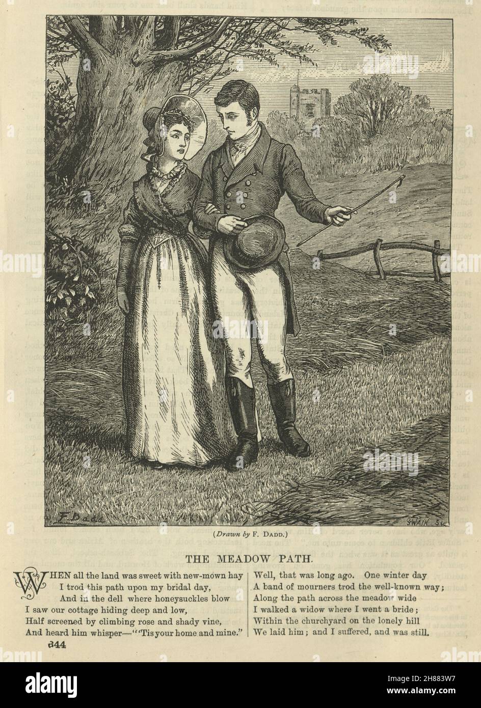 Victorian poem The meadow path, Young couple in love walking in ...