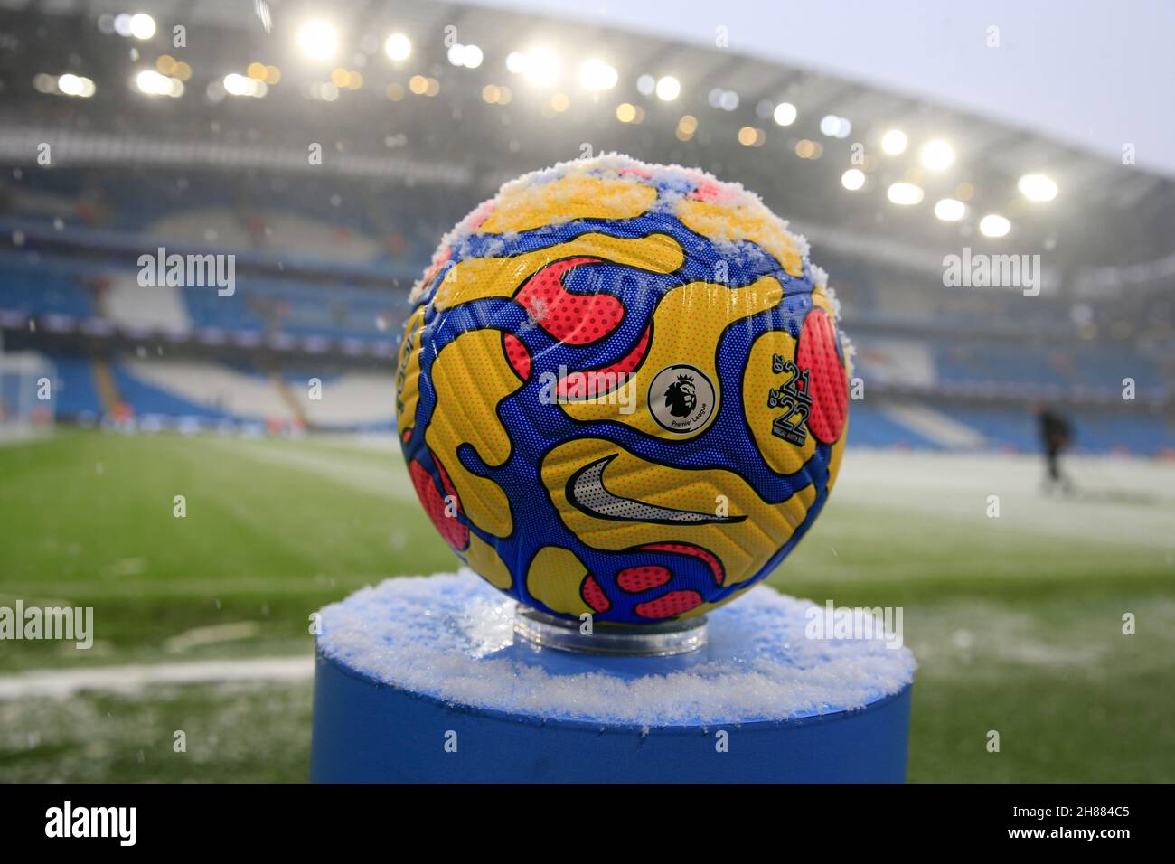 Snow covered match ball Stock Photo - Alamy