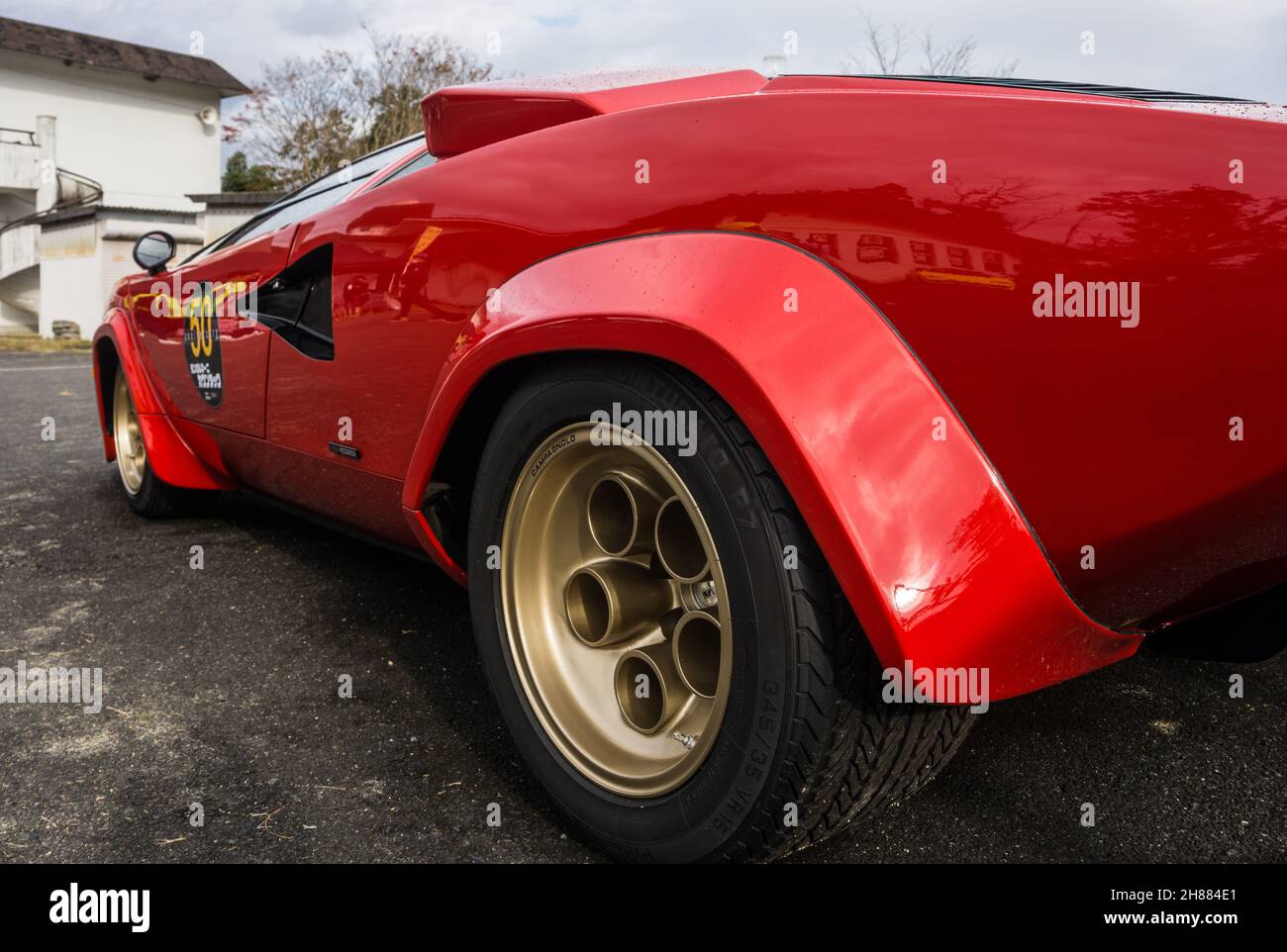 Close up detail of the rear wheel and arch on a red Lamborghini ...