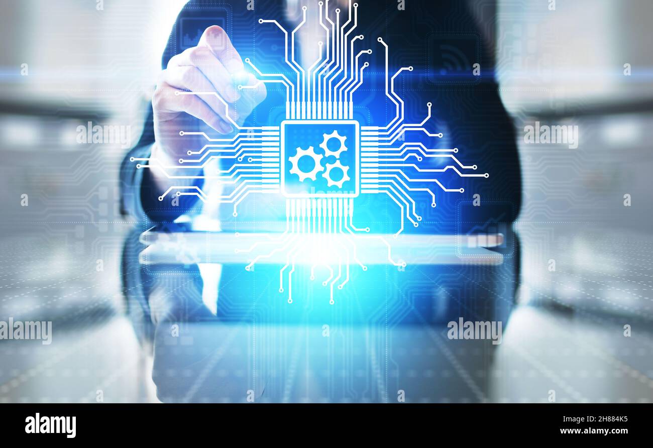 Gears mechanism on virtual screen. Automation and business process flow ...