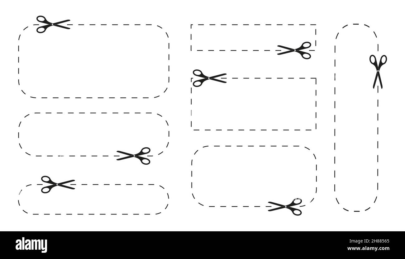 Set of scissors icons cutting shapes with dotted lines. Cut here ...