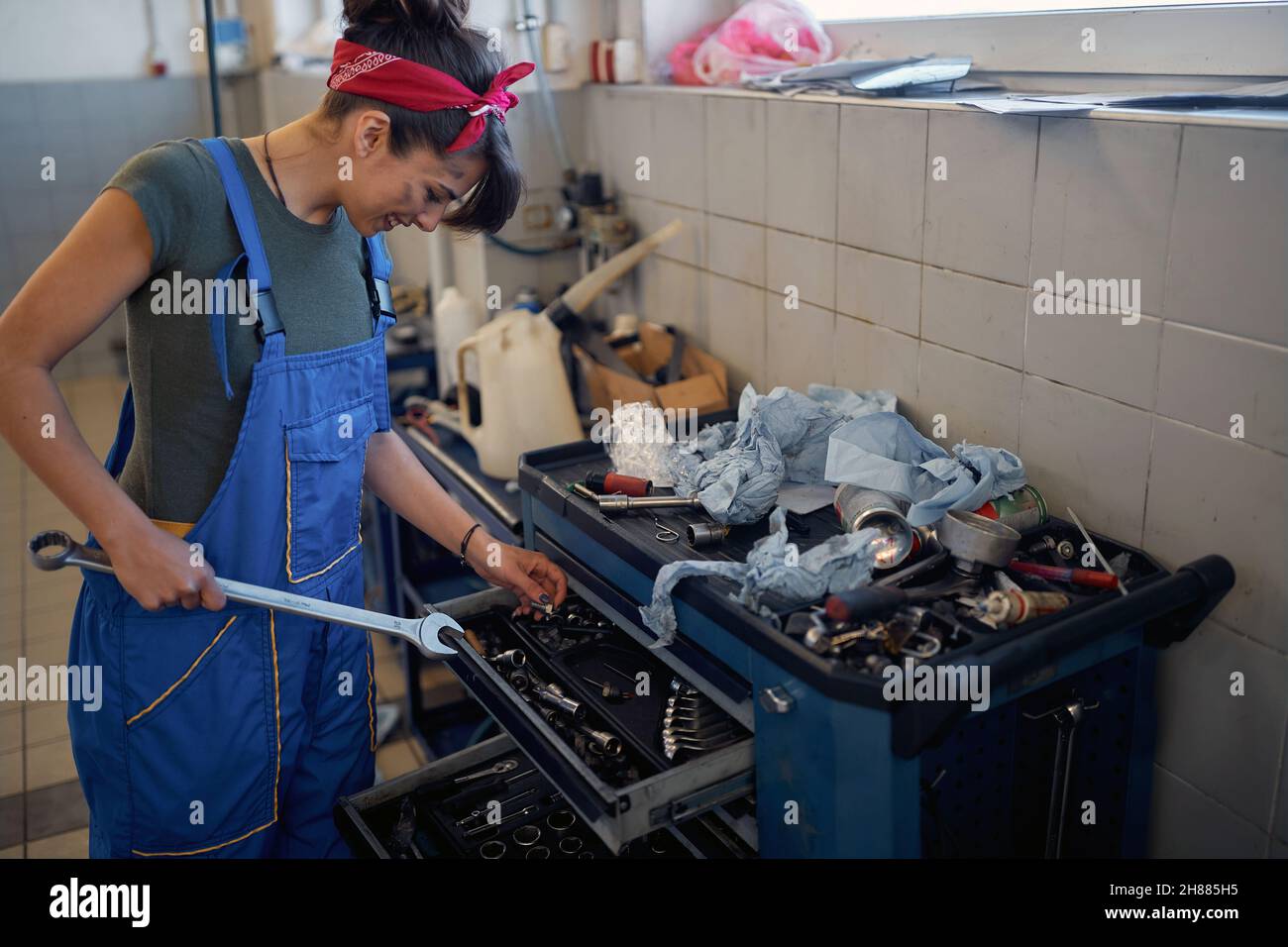 Female mechanic working.young mechanic woman having fun at work Stock ...