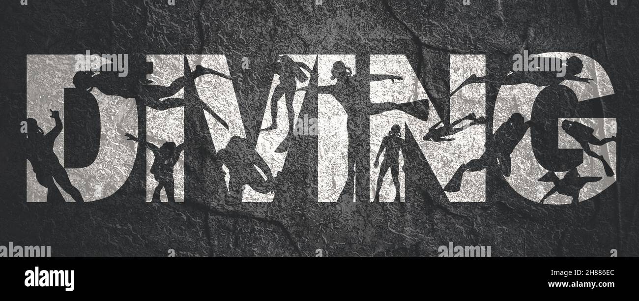Diving word with silhouettes of diver. The concept of sport diving ...