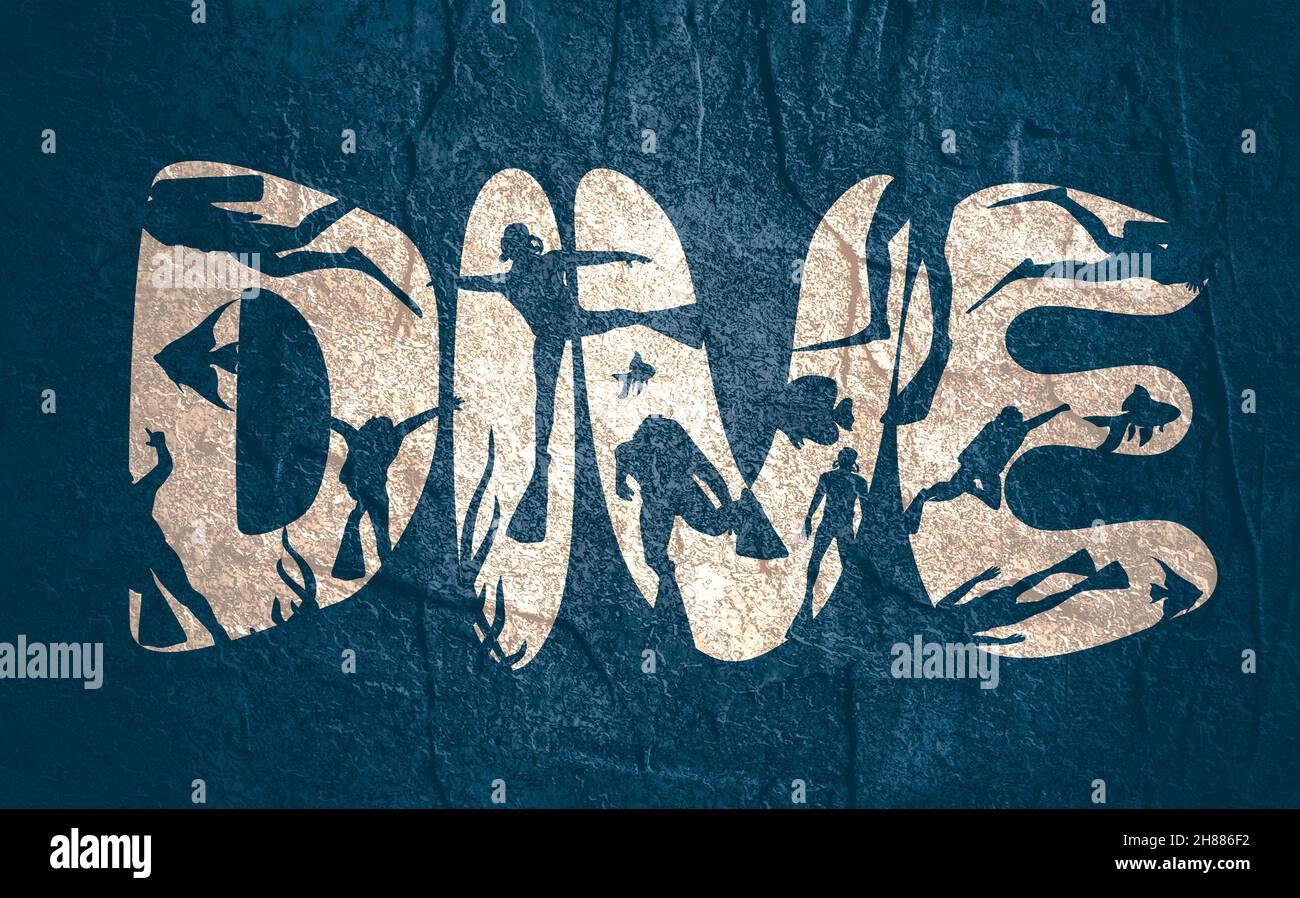 Dive word with silhouettes of diver. The concept of sport diving Stock ...