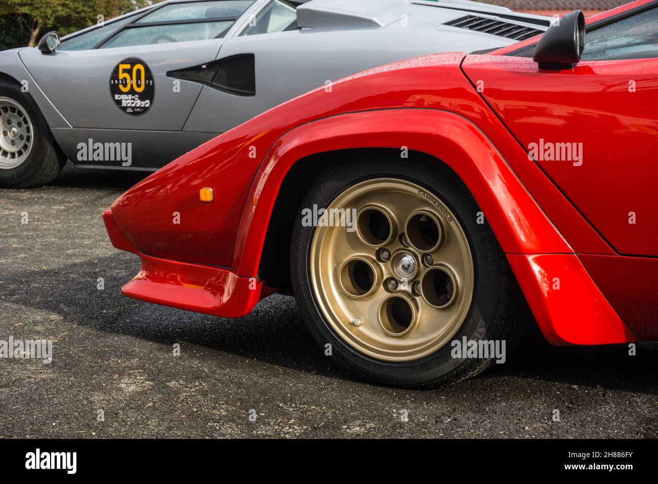 Close up detail of the front gold Campagnolo Bravo alloy wheel on a red ...