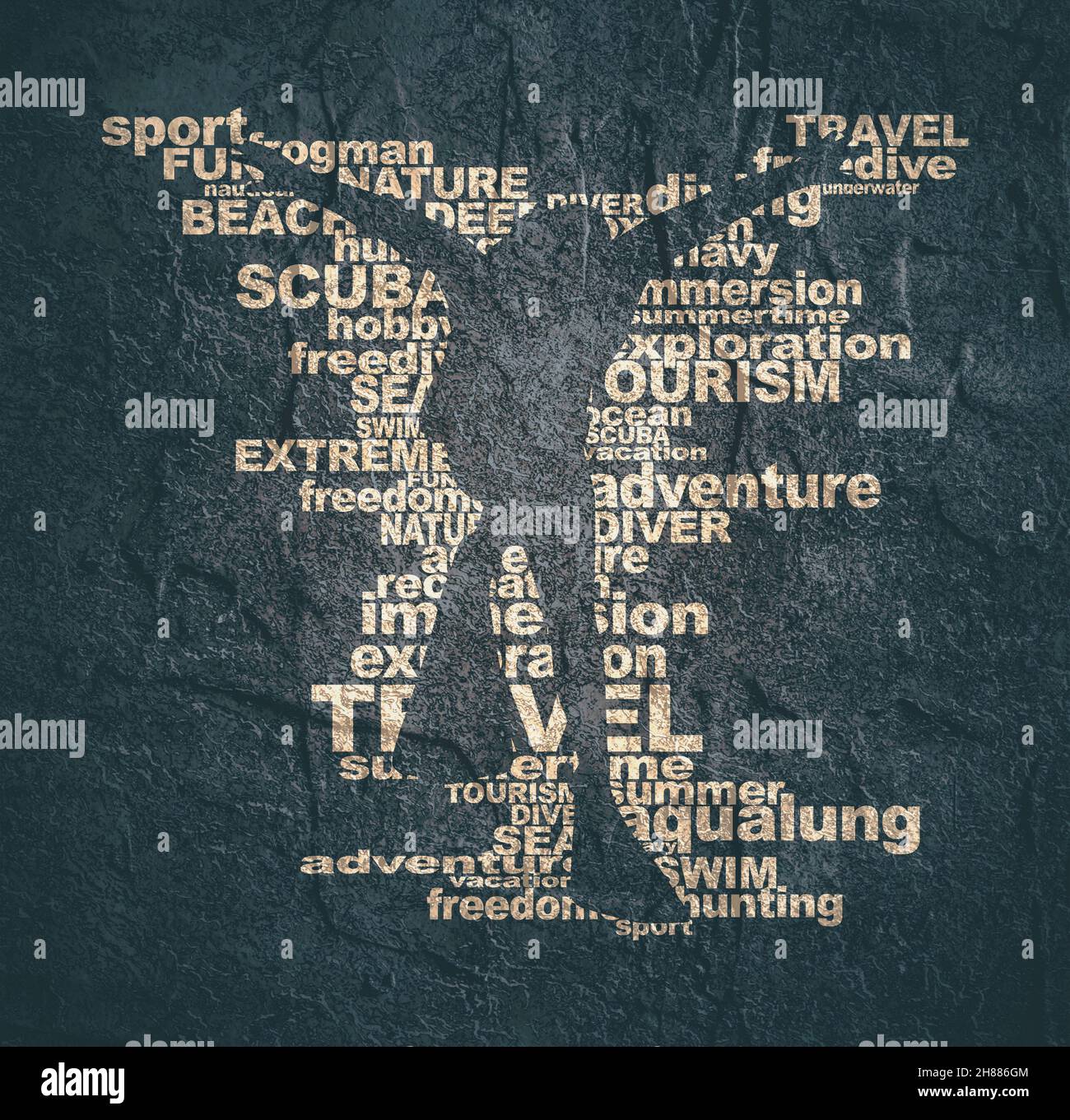 Silhouette of diver from relative words cloud. Icon diver. The concept ...