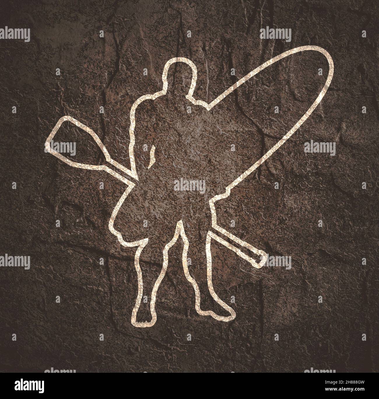 Man posing with surfboard and paddle. Vintage surfing outline emblem ...