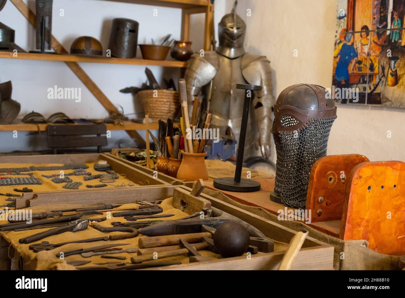 Exposition of a medieval knight armor in a museum in Hungary Stock ...