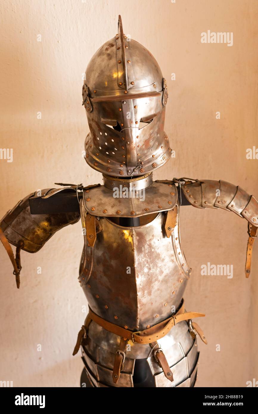 Exposition of a medieval knight armor in a museum in Hungary Stock ...