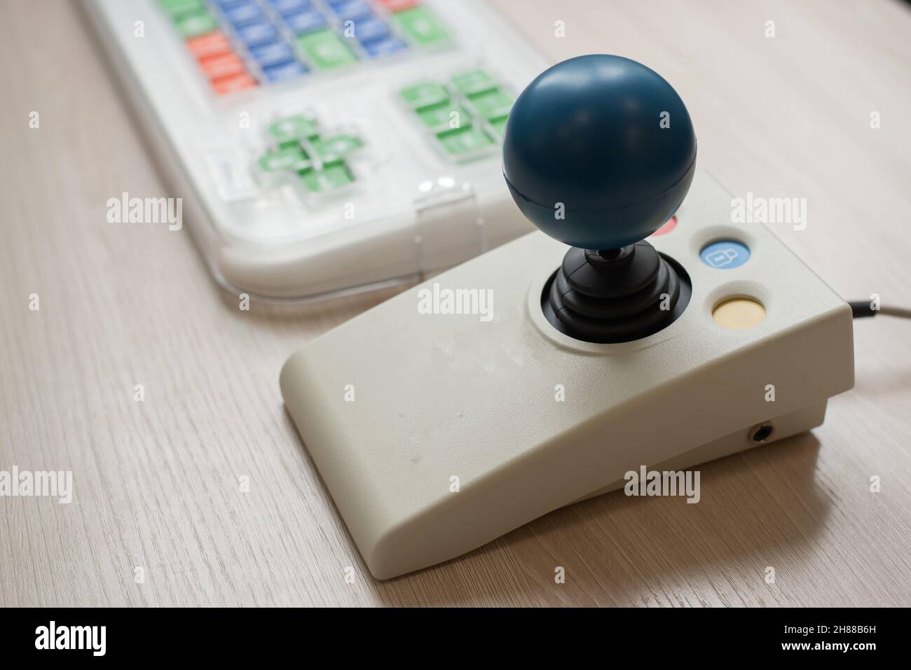 Close-up of a specialized computer mouse and keyboard for people with ...