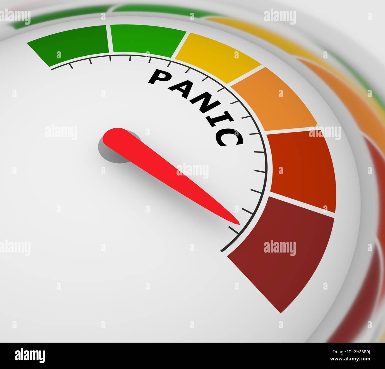 Panic level conceptual meter indicating maximum.Color scale with arrow ...
