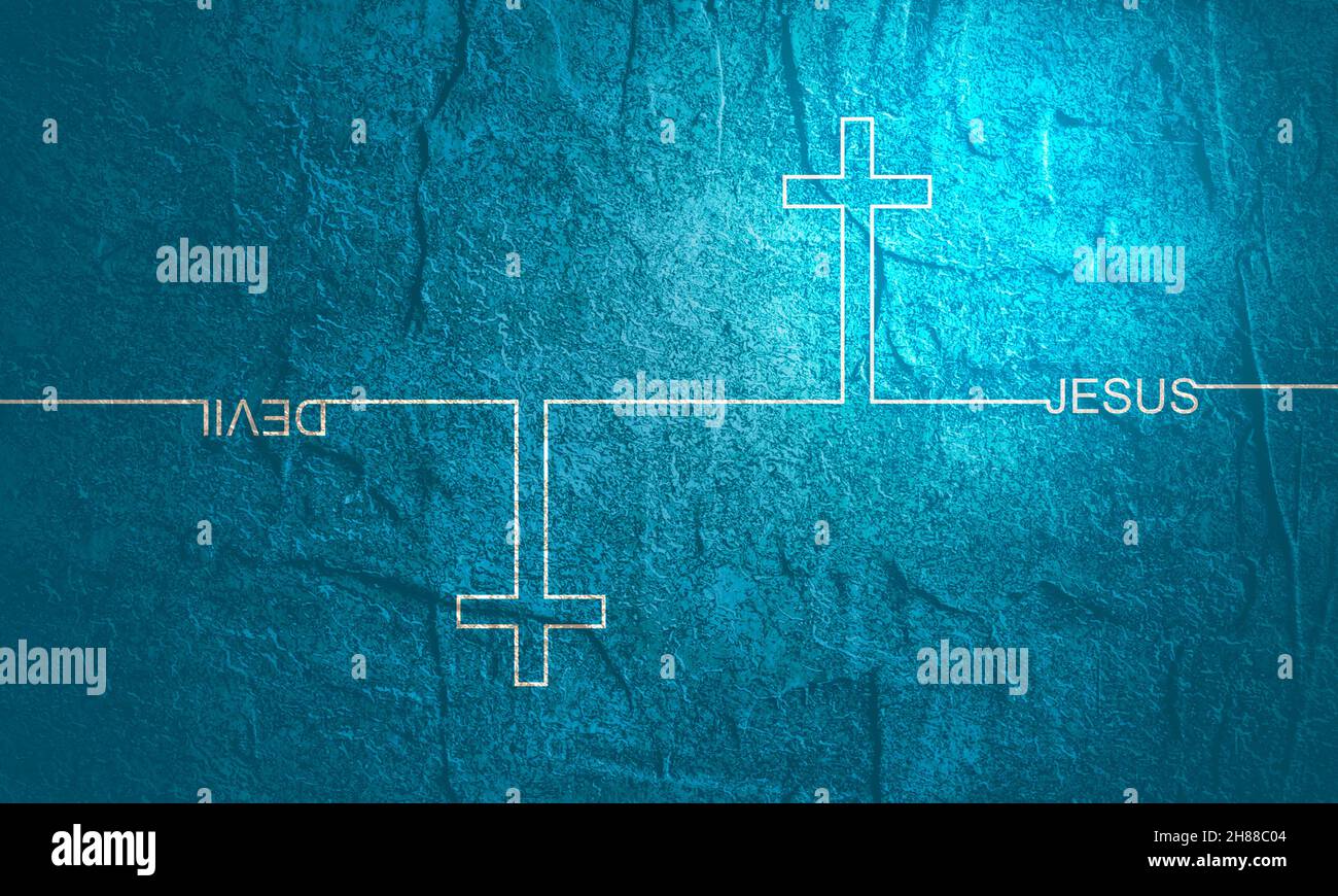 Jesus vs Devil. Confrontation of well and evil. Cross and text. Thin ...
