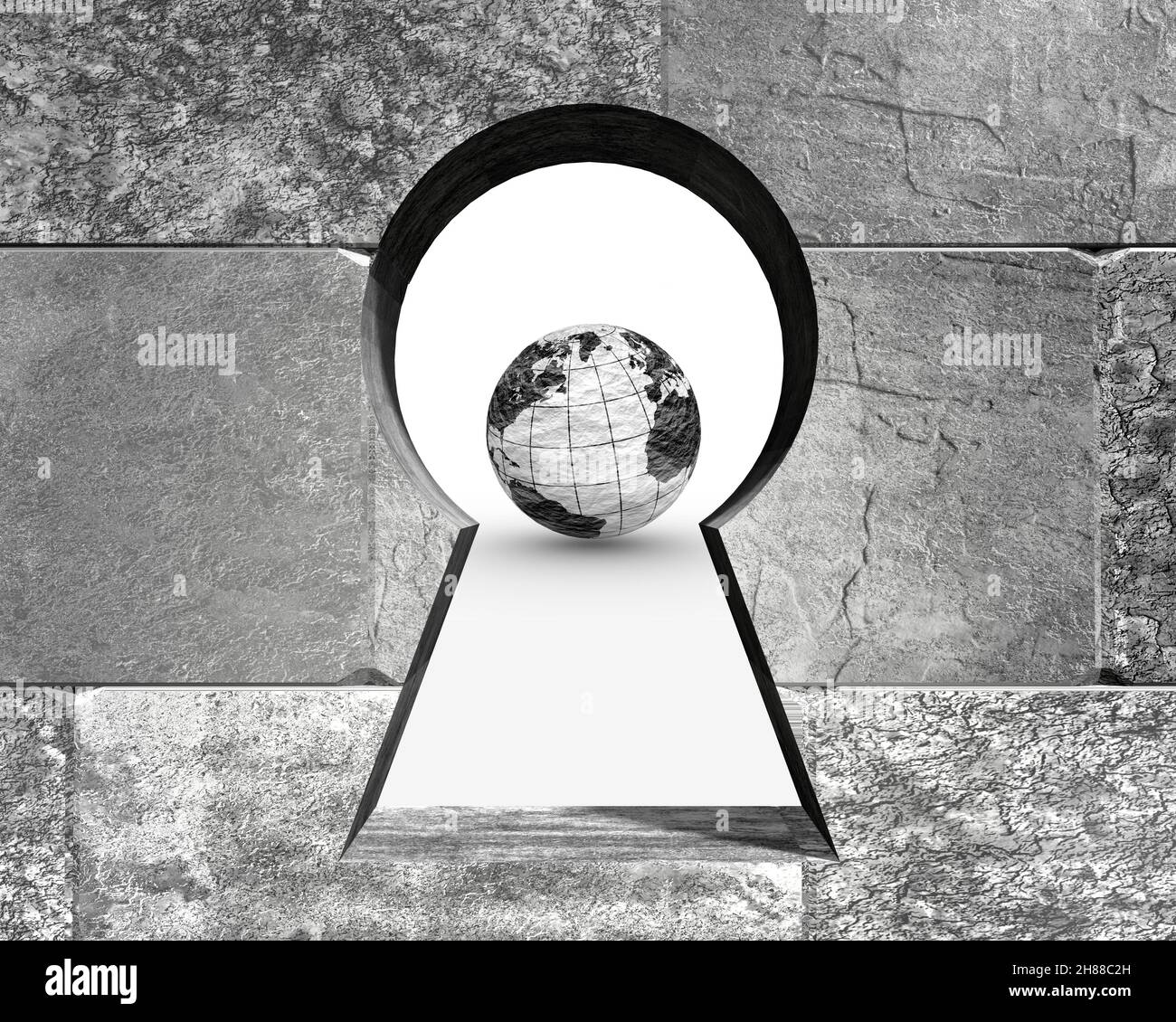 Key hole in the concrete blocks wall. 3D rendering. Earth globe model ...