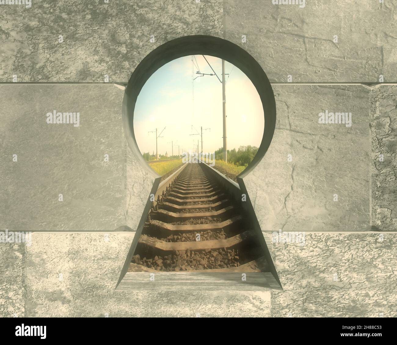 Key hole in the concrete blocks wall. Railway track. Perspective view ...