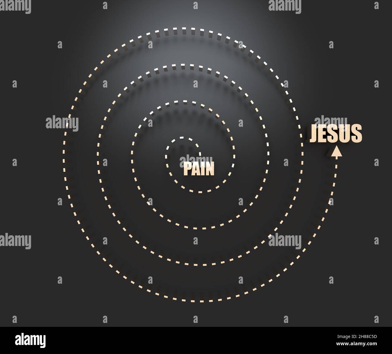 Christianity concept illustration. Pathway from pain to jesus. 3D ...