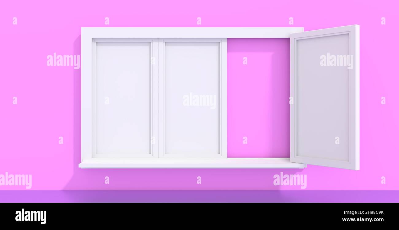 Illustration of opened window with pink background. 3D rendering Stock ...