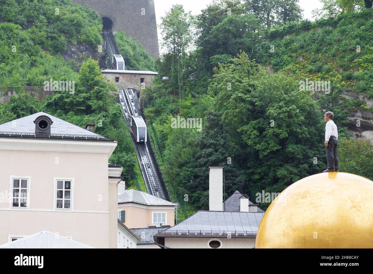 View of funicular railway tram to Hohensalzburg Fortress on the ...