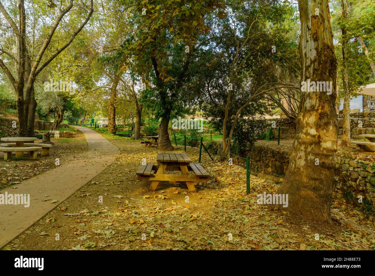 View of a Picnic area with trees, fall foliage, and the Kesalon Stream ...